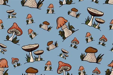 버섯 이음새가 없는 패턴 일러스트레이션 판타지 숲 곰팡이가 고립되었습니다 창백한 두꺼비 도구 또는 아마니타 버섯 인쇄 아갈릭 낙서 섬유 인쇄 배경 0명에 대한 스톡 벡터
