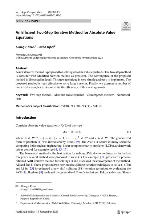 Pdf An Efficient Two Step Iterative Method For Absolute Value Equations
