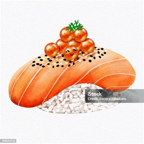 흰색 배경에 분리된 캐비어가 있는 귀여운 연어 초밥을 위한 수채화와 그림 디지털 페인팅 디저트 일러스트레이션 휴일 개념 건강한 생활방식에 대한 스톡 벡터 아트 및 기타