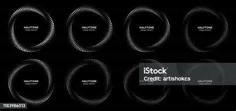 하프 톤 원 점선 프레임 원형 분산 세트 추상 도트 로고 엠블럼 디자인 요소 하프 톤 원 점 텍스처를 사용 하 여 둥근 테두리 아이콘입니다 하프 톤 원형 배경 패턴입니다