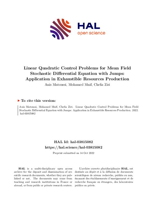 Pdf Linear Quadratic Control Problems For Mean Field Stochastic