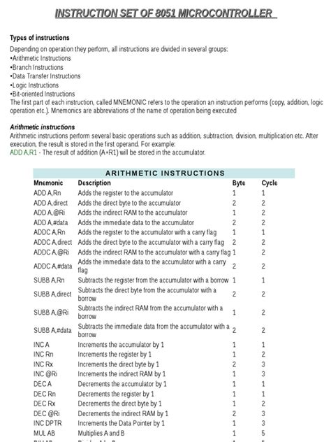 instruction set of 8051 microcontroller pdf instruction set