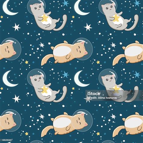 별이 빛나는 우주 배경에 귀여운 고양이 우주 비행사와 원활한 패턴 포장지 포스터 패브릭 및 기타 디자인에 적합합니다 가축에 대한 스톡 벡터 아트 및 기타 이미지 Istock