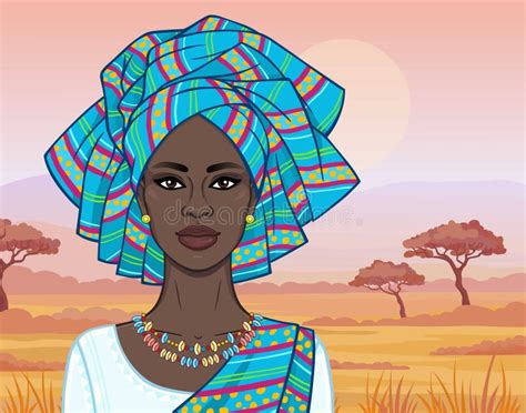Belleza Africana Retrato De La Animaci N De La Mujer Negra Hermosa En Un Turbante Y Una Ropa Y