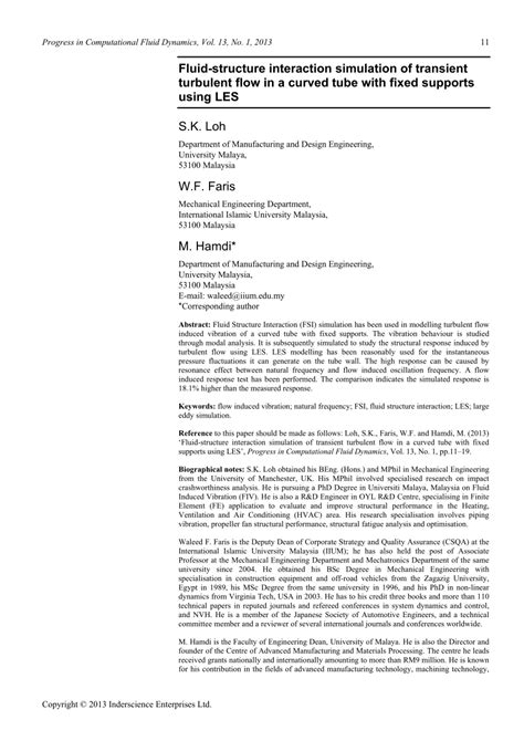Pdf Fluid Structure Interaction Simulation Of Transient Turbulent Flow In A Curved Tube With