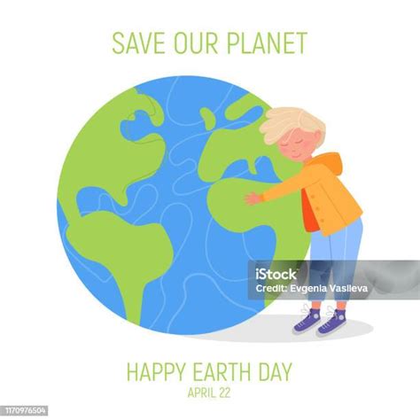 해피 어스 데이 배너입니다 작은 귀여운 소년은 지구를 껴안고있다 세계 환경의 날 배경입니다 지구를 저장합니다 그린 데이 벡터 일러스트레이션 개념에 대한 스톡 벡터 아트 및