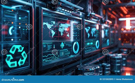 High Tech Control Room With Multiple Monitors Displaying World Maps Futuristic Data And Charts