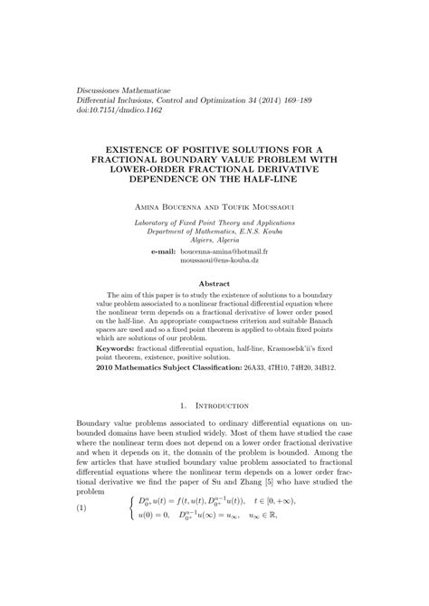 Pdf Existence Of Positive Solutions For A Fractional Boundary Value Problem With Lower Order