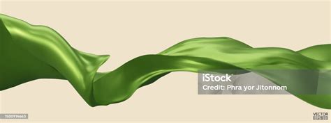 초록색 실크 직물 직물 깃발 배경 매끄럽고 우아한 녹색 새틴 베이지색 배경에 격리되어 그랜드 오프닝 행사를 합니다 녹색 커튼 3d 벡터 그림 0명에 대한 스톡 벡터 아트 및