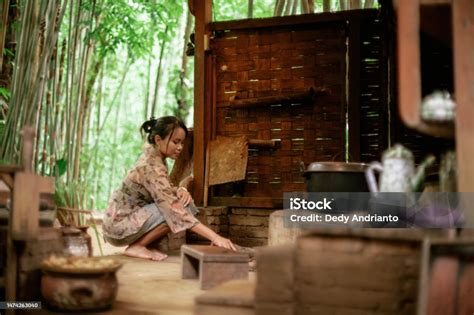 전통적인 케바야와 바틱의 젊은 여성이 자바 주방에서 통나무 나무로 불을 피우고 있다 Javanese Culture에 대한 스톡 사진 및 기타 이미지 Javanese