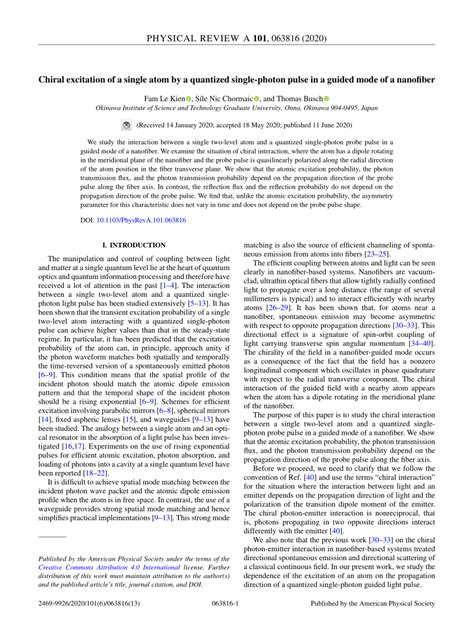 Pdf Chiral Excitation Of A Single Atom By A Quantized Single Photon Pulse In A Guided Mode Of