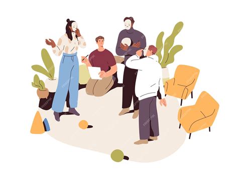 사이코드라마 그룹 심리학 세션 중 역할극 가족 별자리 치료의 심리학자와 환자 심리 치료 개념입니다 평면 벡터 일러스트 레이 션 흰색 배경에 고립 프리미엄 벡터