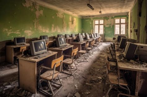An Empty Classroom With A Computer And A Computer Monitor On The Desk Premium Ai Generated Image