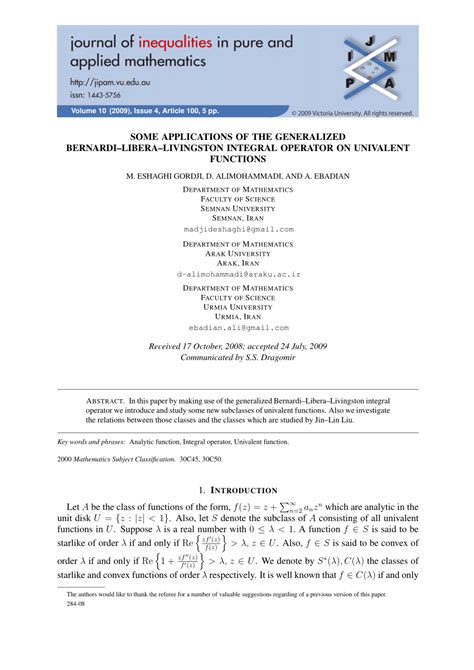 Pdf Some Applications Of The Generalized Bernardiliberalivingston Integral Operator On