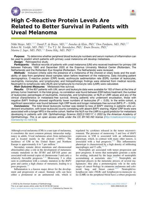 Pdf High C Reactive Protein Is Related To Better Survival In Patients With Uveal Melanoma