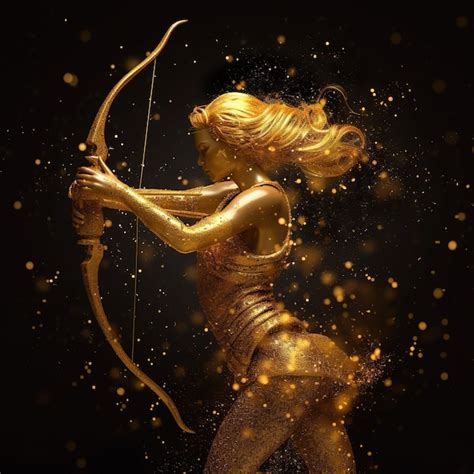 Zodiac Sign Of Sagittarius Gold Shiny Female Archer On Sky Background