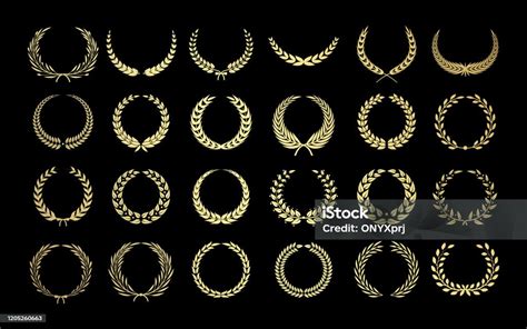 그리스 화환입니다 금 우승자 월계수 귀족과 달성 꽃과 올리브 가지 상 벡터 세트 0명에 대한 스톡 벡터 아트 및 기타 이미지 0명 Nomination 건설 프레임