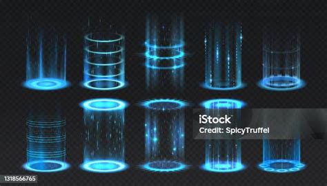 사실적인 포털입니다 레벨 업 및 순간 이동 공정 게임 효과 미래 조명과 밝은 랩 아우라 빛나는 네온 에너지 원 세트 광선이 있는 벡터 수직 텔레포트 홀로그램에 대한 스톡