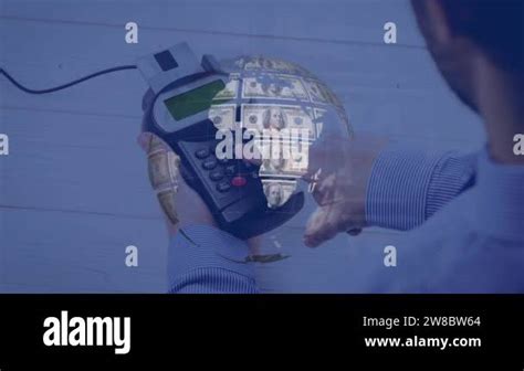 Animation Of Globe Formed With American Dollar Bills Over Payment Terminal Global Connections