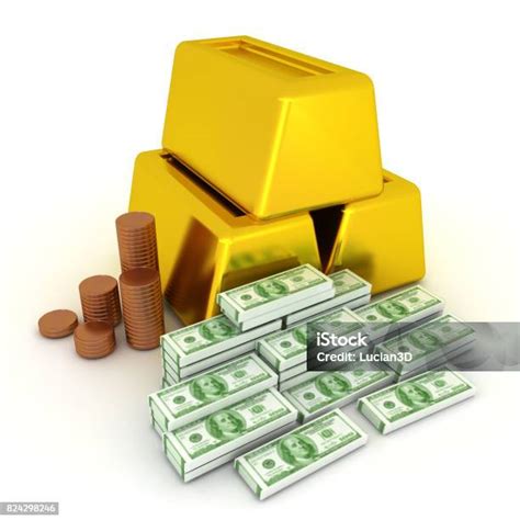 동전 금 괴 및 1 백 달러 지폐의 더미의 3d 그림 100 달러 지폐 미국 지폐 통화에 대한 스톡 사진 및 기타 이미지 100 달러 지폐 미국 지폐 통화 3d 렌더