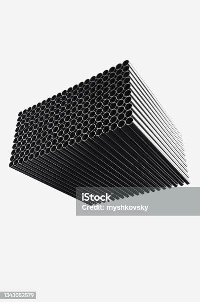 흰색 배경에 금속 파이프의 클로즈업 흰색 배경에 고립 된 철 파이프 더미 3d 렌더 일러스트레이션 0명에 대한 스톡 사진 및