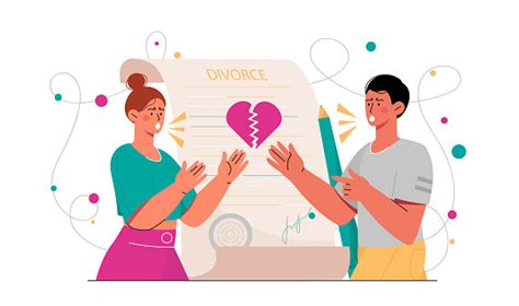 이혼한 사람들 남자와 여자는 결혼 계약서 앞에서 절규한다 헤어지는 젊은 커플 부정적인 느낌과 감정 만화 벡터 일러스트 레이 션