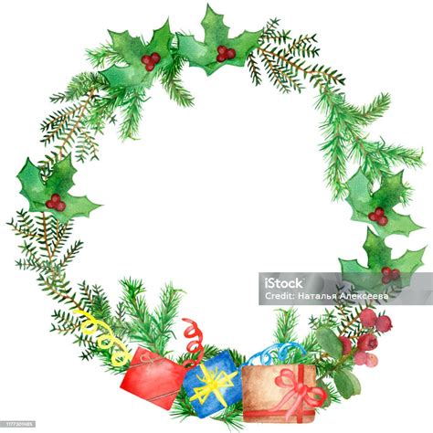 수채화 손 그린 자연 휴일 축하 새해 원 화환 프레임 녹색 크리스마스 트리 전나무 분기 호랑 가시 나무 빨간 열매와 잎과 초대 엽서 에 대한 빨간색과 파란색 선물 상자 0