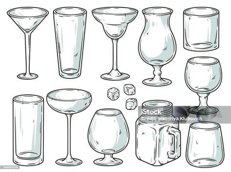 바텐딩과 바 메뉴 디자인을 위한 빈 잔이 있는 유리 세트 칵테일 바 또는 음료 파티 및 바텐더 또는 바텐더를위한 디자인 요소