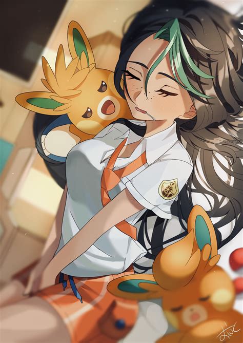 Ninkou Tan Nemona Pokemon Pawmot Nintendo Pokemon Pokemon Sv Highres 1girl Black Hair