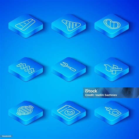 세트 라인 바베큐 그릴 포크 석탄 가방 캠프 파이어 스테이크 고기 베이컨 줄무늬 및 소스 병 아이콘 벡터 3차원 형태에 대한 스톡 벡터 아트 및 기타 이미지 Istock