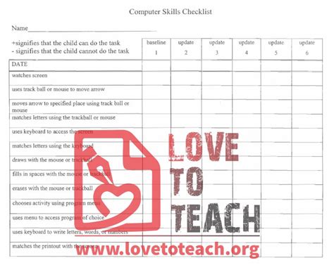 Computer Skills Checklist LoveToTeach Org
