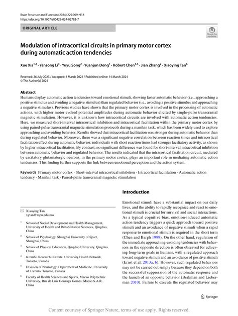 Pdf Modulation Of Intracortical Circuits In Primary Motor Cortex During Automatic Action
