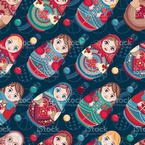 러시아 기념품입니다 마트바 부 시카 인형 완벽 한 패턴입니다 벡터 러시아 장식 인형에 대한 스톡 벡터 아트 및 기타 이미지 러시아 장식 인형 기념품 디자인 Istock