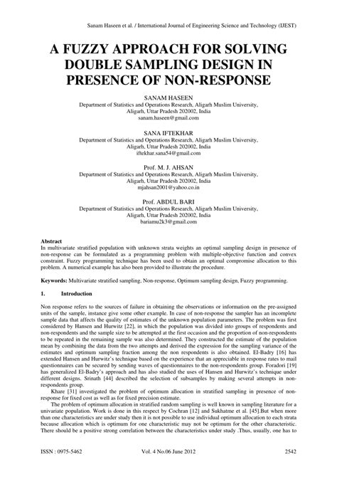 Pdf A Fuzzy Approach For Solving Double Sampling Design In Presence Of Non Response