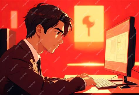 A Cartoon Of A Man Working On A Computer With A Red Background Premium Ai Generated Image