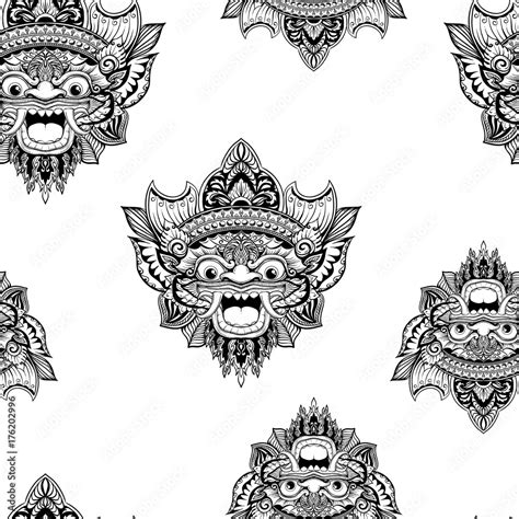 Seamless Outline Pattern With Barong Mask In Black And White Colors Hand Drawn Design For