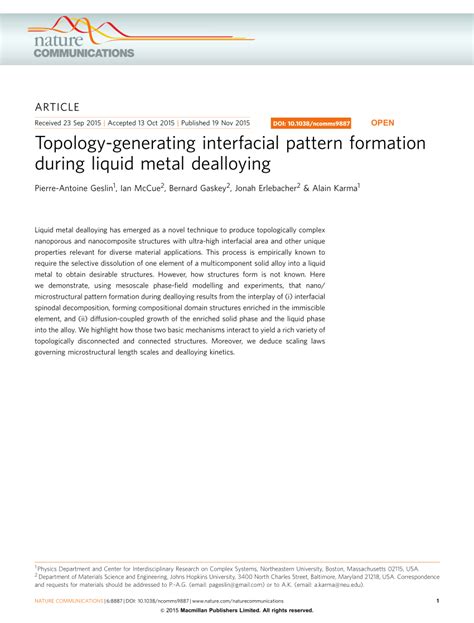 Pdf Topology Generating Interfacial Pattern Formation During Liquid Metal Dealloying