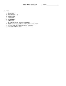 Part Of The Atom Quiz 10 Multiple Choice With Answers TPT