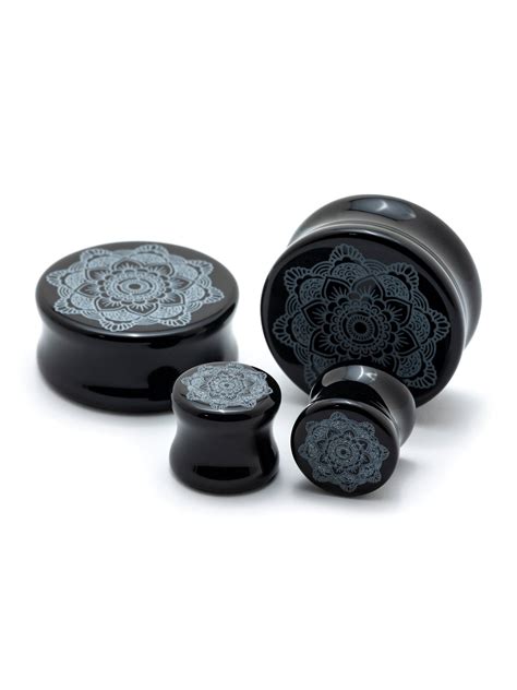 Mandala Engraved Black Agate Stone Plugs Carved Mandala Stone Gauges