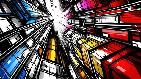 Abstract Digital Artwork Depicting Vibrant Geometric Shapes Radiating From A Central Point Stock