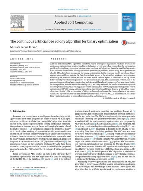 2015 Elsevier The Continuous Artificial Bee Colony Algorithm For Binary