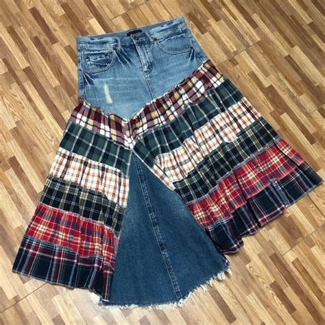 빈티지 리메이크 패치워크 데님 스커트 롱 치마 후루츠패밀리