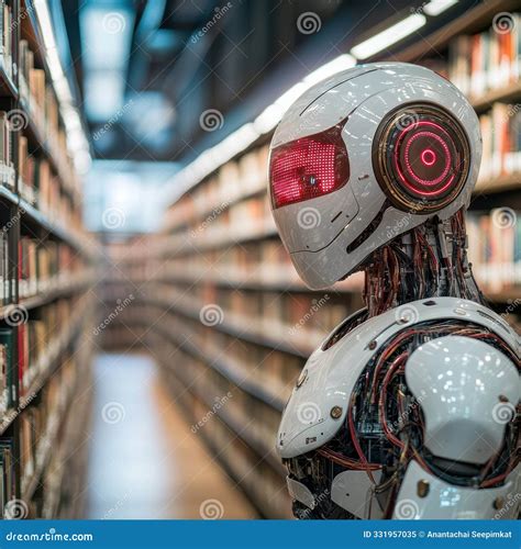 Exploring Rows Of Bookshelves In A Library A Humanoid Robot Symbolizes