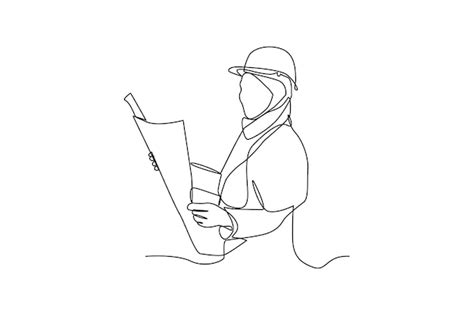 청사진 종이를 들고 있는 젊은 여성 건축가의 단일 연속 선 그리기는 팔짱을 끼고 전문 작업 직업 직업 미니멀리즘 개념 한 줄