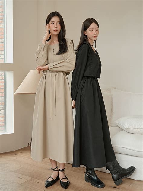 리리앤코 체노프딘 스트링 집업 롱 원피스 봄가을겨울하객룩출근룩데일리룩데이트룩모던룩빅사이즈120사이즈자체제작유니크베이직미니멀a라인