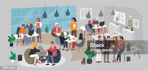 팀워크 나 회의 브레인 스토밍 사이의 클라이언트 또는 대화 또는 대화와 의사 소통 또는 이야기 그룹 노동자와 사무실 내부 작업 벡터 만화 개념 일러스트 가정의 방에 대한