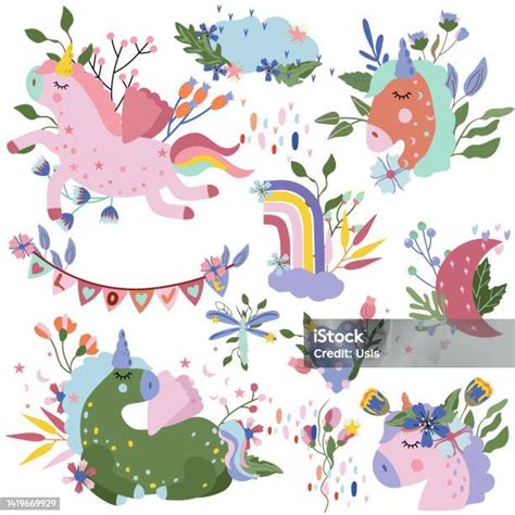 꽃 구름 나비 무지개 및 기타와 마법의 다채로운 유니콘 다른 포즈의 요정 말 귀여운 작곡 유니콘은 인사말 카드 엽서 배너에 적합합니다 벡터 보보스에 대한 스톡 벡터 아트 및