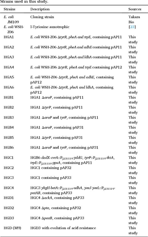 Table 1 From Synergetic Engineering Of Escherichia Coli For Efficient Production Of L Tyrosine