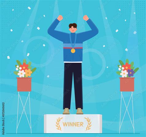 시상대에서 금메달을 걸고 환호하는 우승자 벡터 일러스트레이션 Stock Vector Adobe Stock