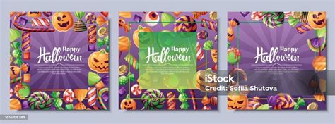 할로윈 초대장 또는 인사말 카드에 대한 벡터 배경 집합입니다 포스터 호박 비스킷 으스스한 사탕 과자 쿠키 막대 사탕이 있는 배너 전단지 배경에 적합 10월에 대한 스톡 벡터